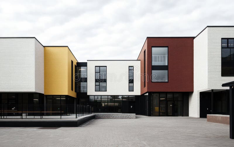 Modern School Building Complex with Diverse Facade Materials Stock ...
