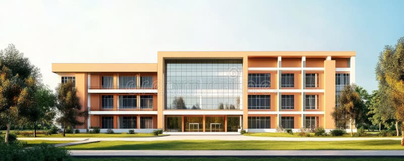 Modern School Building Stands on Grassy Area with Large Windows and ...