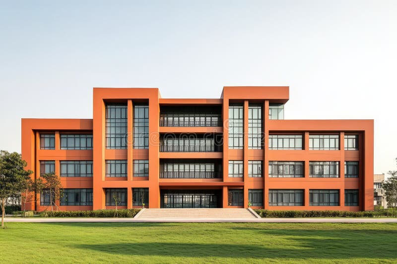 Modern School Building Stands on Grassy Area, Showcasing Vibrant ...
