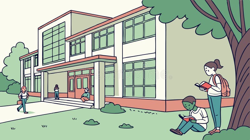 Modern School Building with Students and Greenery, Vector Design ...