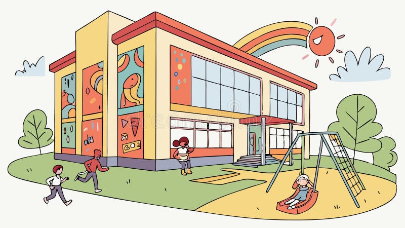 Modern School Building, Vibrant Playground, Active Learning, Vector ...