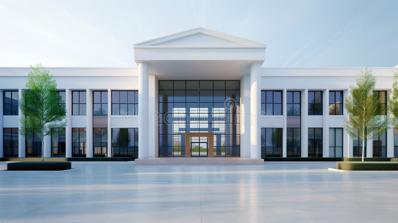 Modern School Building with White Columns and Large Windows, Framed by ...