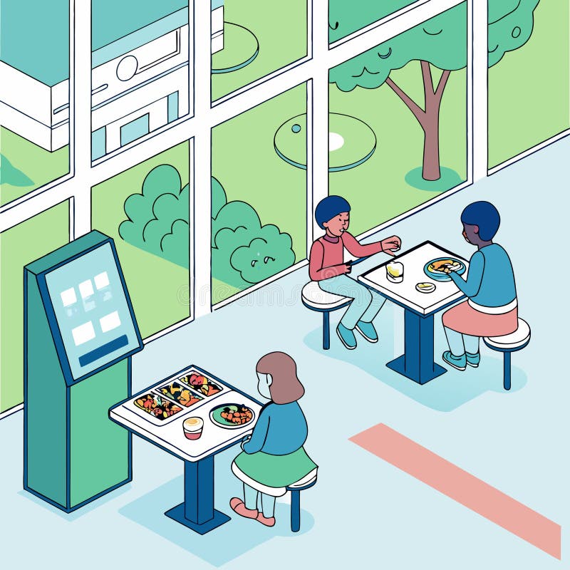 Modern School Cafeteria with Kids Having Lunch by Large Windows â ...