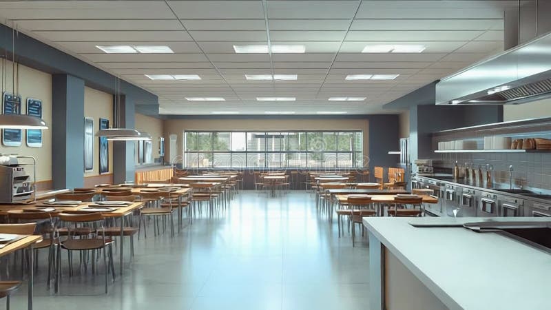 Modern School Cafeteria with Open Kitchen Serving Area Stock Video ...
