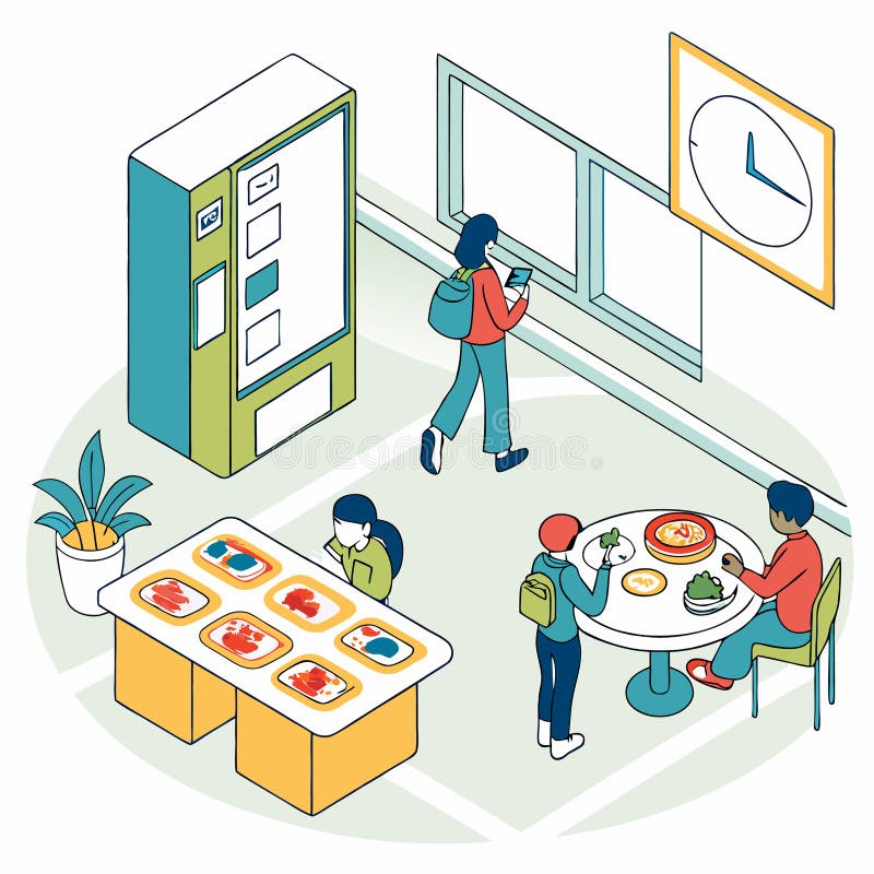 Modern School Cafeteria with Students Eating and Using Vending Machine ...