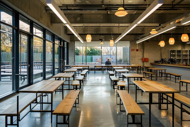 Modern School Canteen with Tables and Chairs Stock Illustration ...