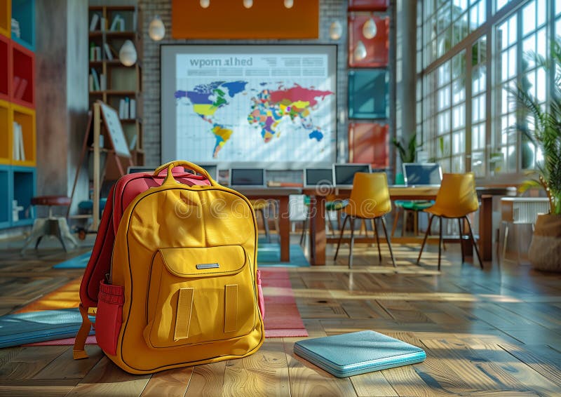 Modern School Classroom with a Brightly Colored Backpack of a Schoolboy ...