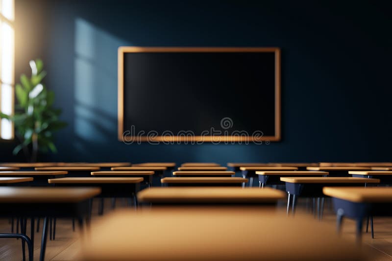 Modern School Classroom Interior with Desks Blackboard and Natural ...