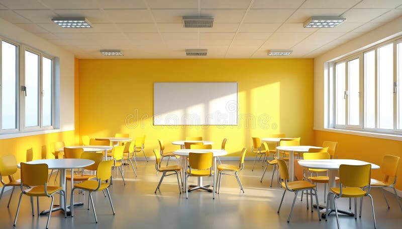Modern School Classroom Interior with Yellow Walls, Chairs and Tables ...