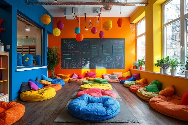 Modern School Classroom in Yellow Tones Stock Image - Image of academic ...