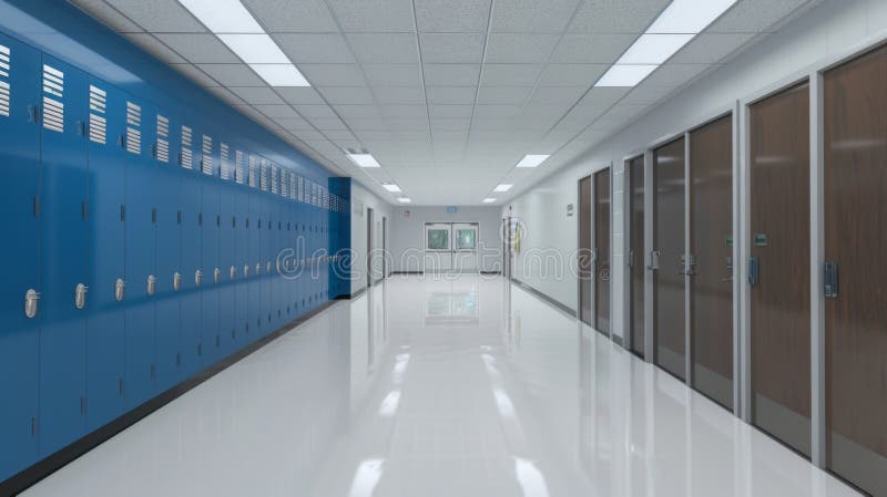 Modern School Corridor with Blue Lockers, Generative AI Stock Image ...