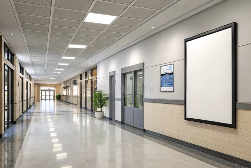 Modern School Corridor Interior with Empty Poster on Wall Stock ...