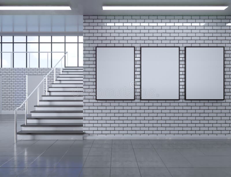Modern School Corridor Interior with Empty Poster on Wall. Mock Up, 3D ...