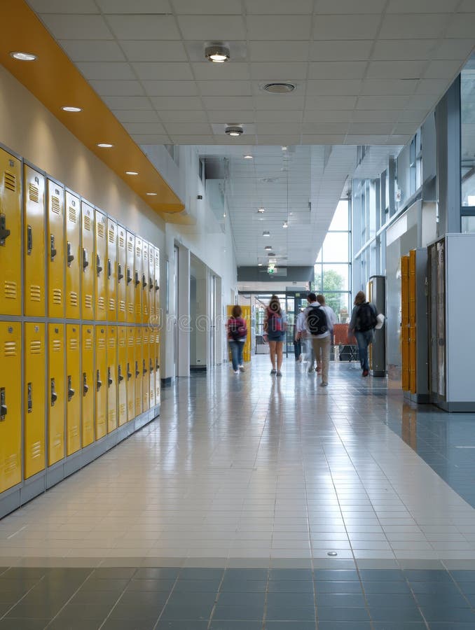 Lockers Line a Bright School Hallway As Students Walk between Classes ...