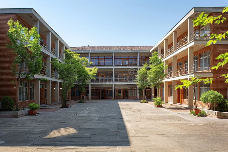 A Modern School Courtyard Features Trees, Architecture, and Bright ...