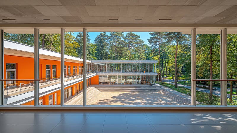 Modern School Courtyard View through Windows Stock Illustration ...
