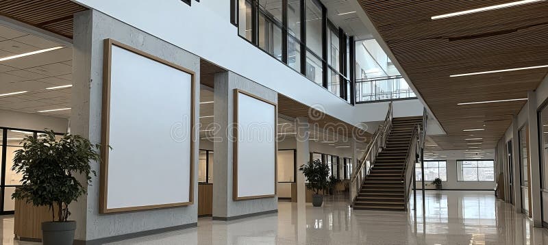 Modern School Hallway Featuring Blank Mockup Posters, Clean ...
