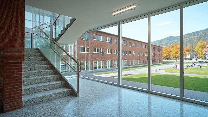 Modern School Hallway with Stairs, Courtyard View, and Brick Exterior ...