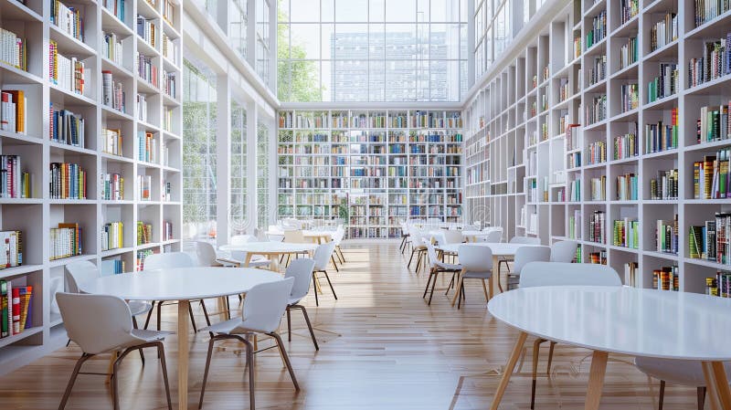 Modern School Library Interior Featuring Panoramic City Views ...