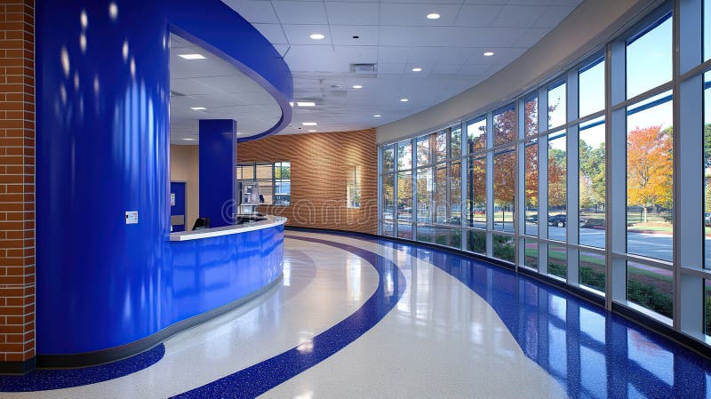 Modern School Lobby with Curved Blue Wall, Reception Desk, and Fall ...