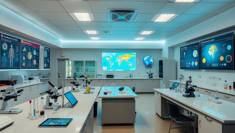 A Modern Science Lab with Island Workstations, Microscopes, Digital ...