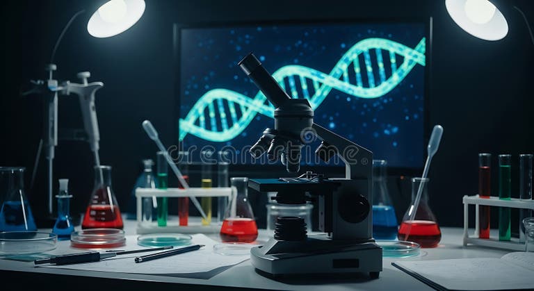 Modern Science Laboratory with Dna Display and Microscope Stock ...