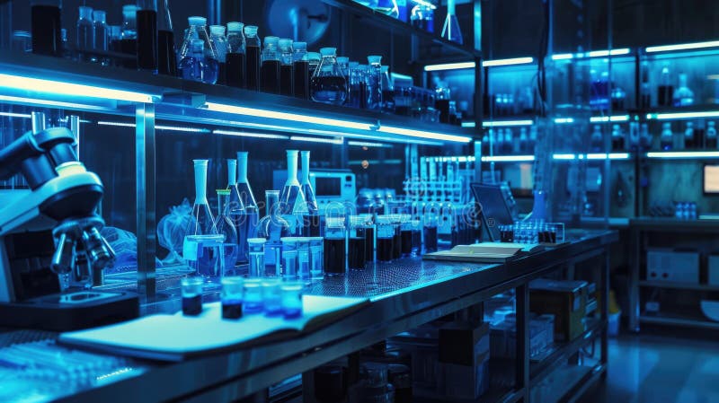 Modern Science Laboratory Interior with Blue Lighting, Featuring ...