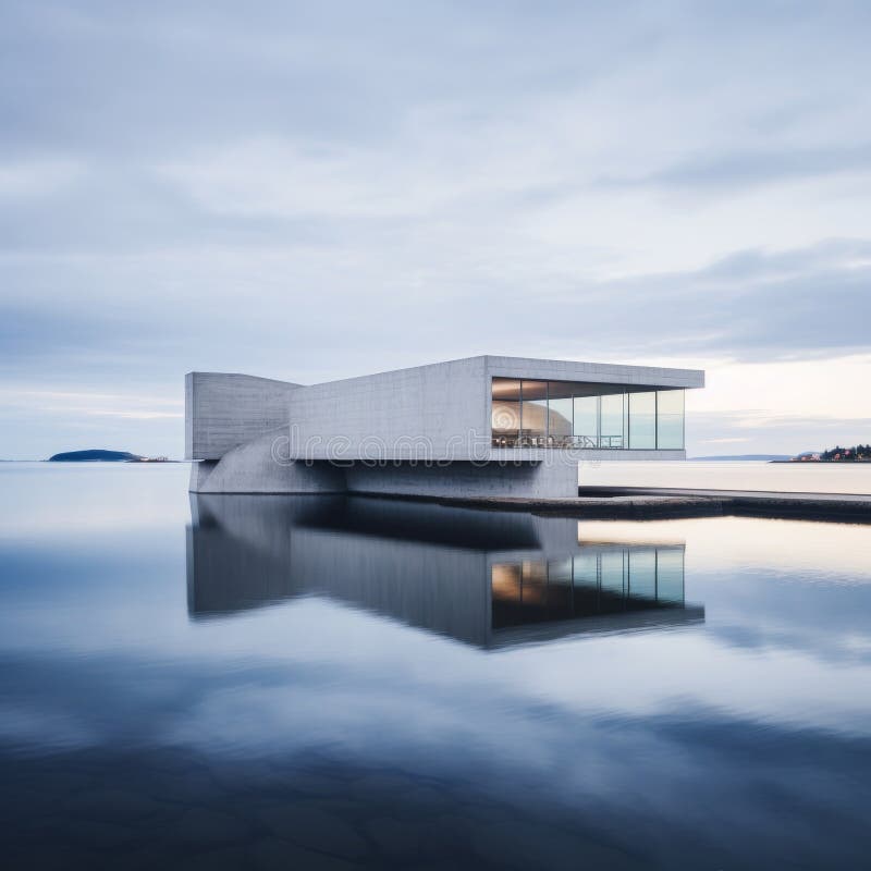 Modern Science Museum with Concrete Design by Tranquil Lake Stock ...