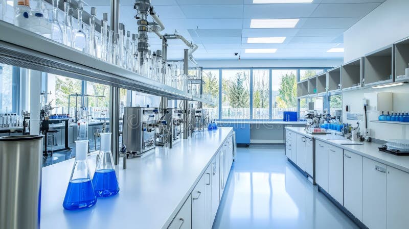 Modern Scientific Laboratory with Blue Liquids Stock Image - Image of ...