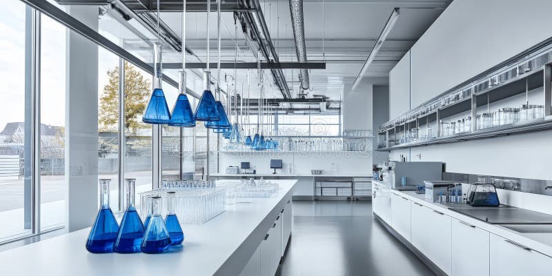 Modern Scientific Laboratory with Blue Liquids Stock Photo - Image of ...