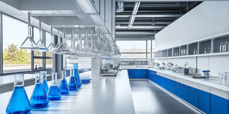 Modern Scientific Laboratory with Blue Liquids Stock Image - Image of ...