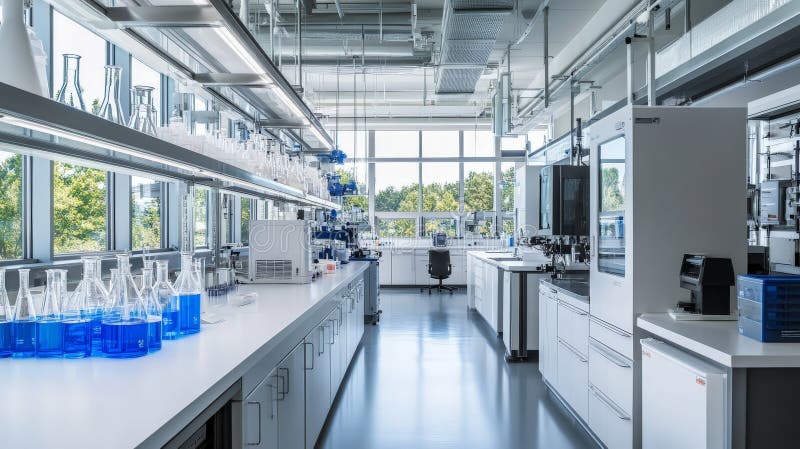 Modern Scientific Laboratory with Blue Liquids Stock Photo - Image of ...