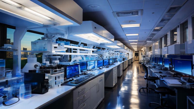 Modern Scientific Laboratory with High-Tech Equipment at Dusk Stock ...