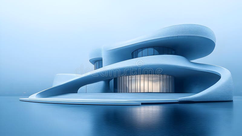 A Modern, Sculptural Building with Fluid Lines, Set Against a Misty ...