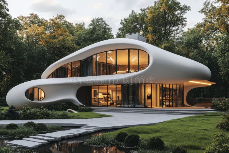 Modern Sculptural House in Wooded Setting Evening Light Stock ...