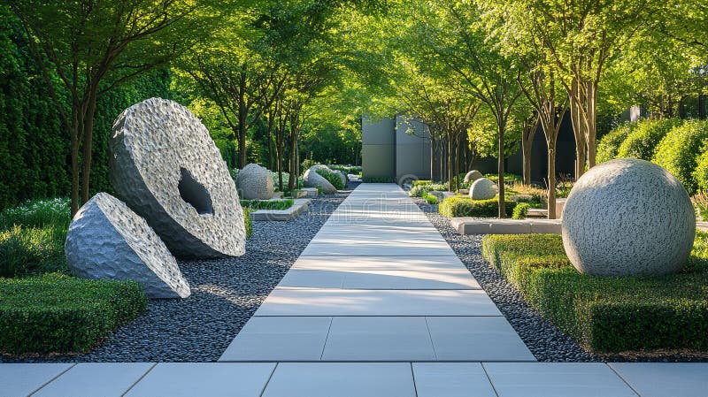 A Modern Sculpture Garden with Clean Pathways and Abstract Stone Stock Image - Image of rock ...