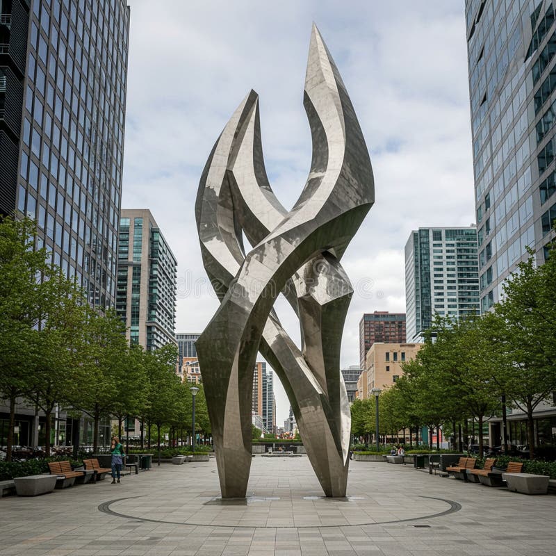Modern Sculpture in a Public Plaza, Featuring Intertwined, Curved Forms ...