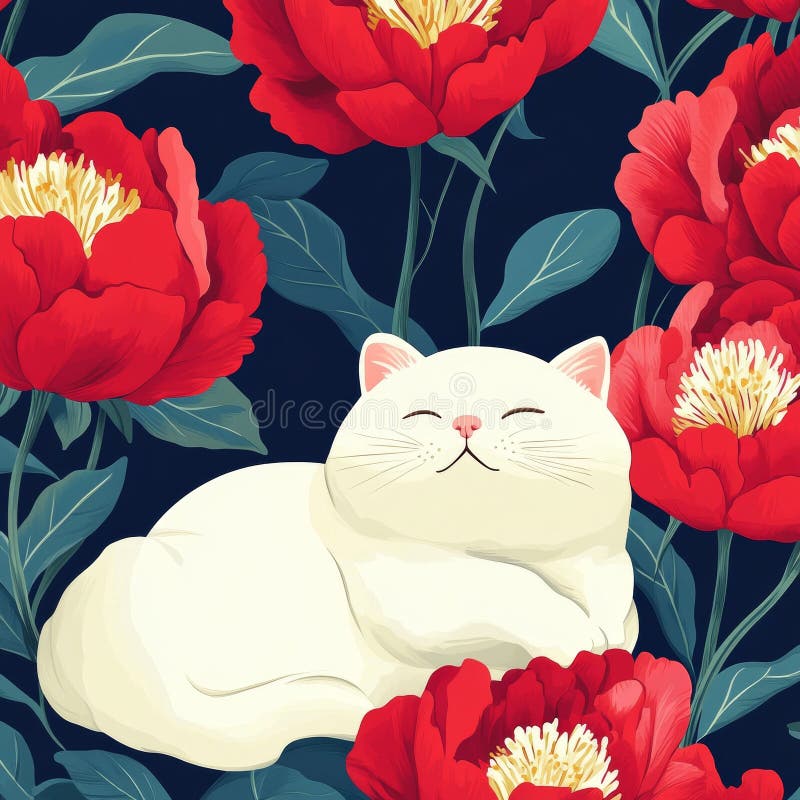 A Modern, Seamless Pattern Featuring Floral Cats Stock Photo - Image of ...