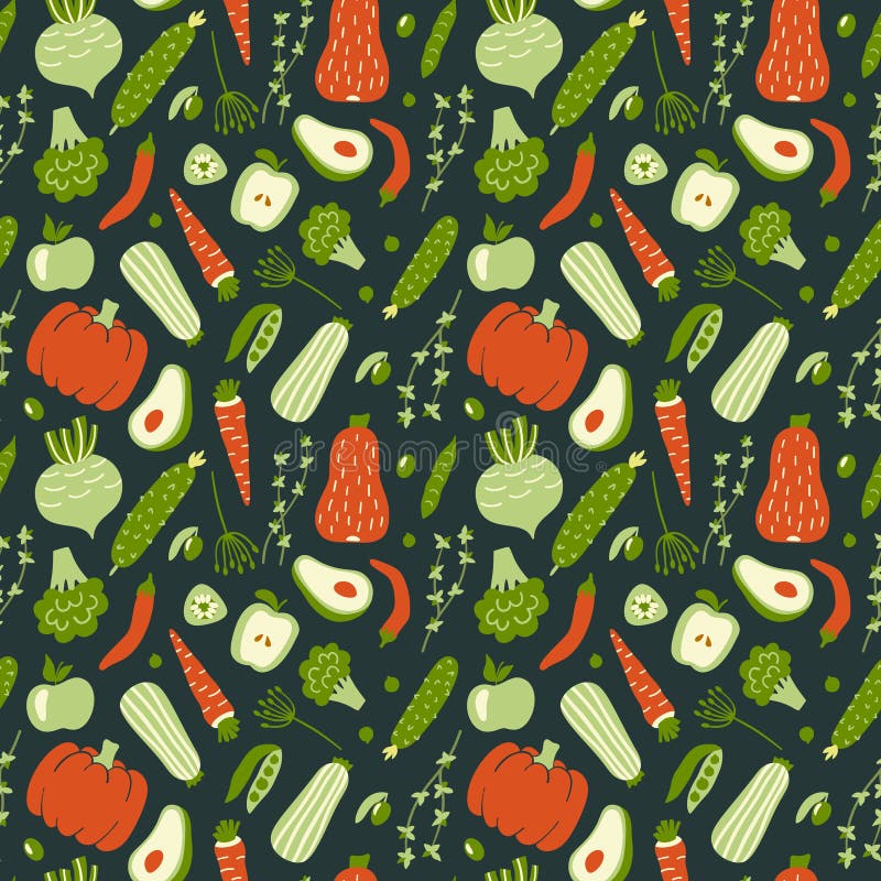 Modern Seamless Pattern with Hand Drawn Green and Red Vegetables. Stock ...