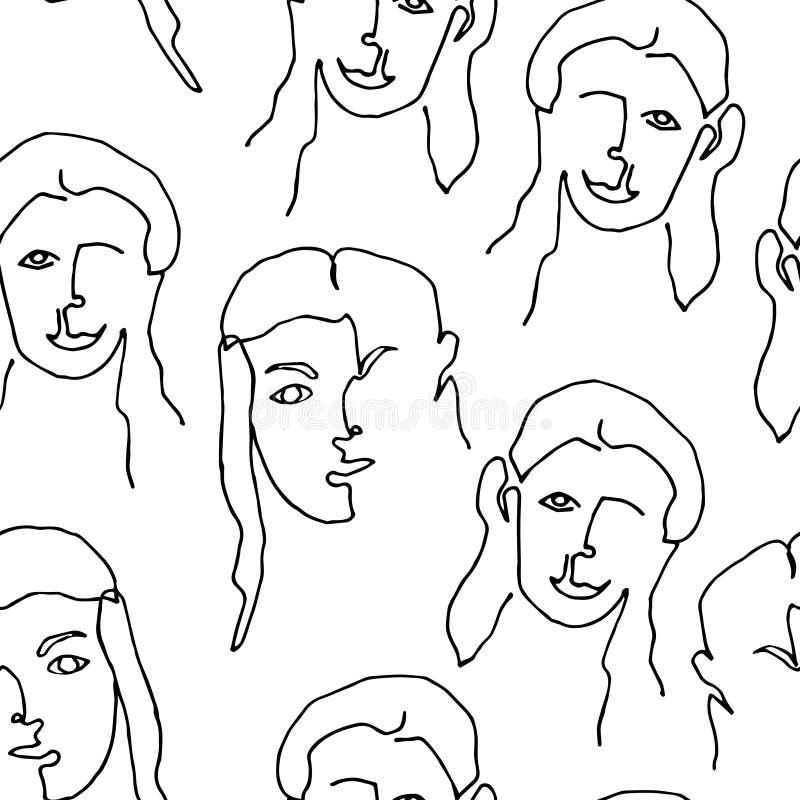 Modern Seamless Pattern With Linear Abstract Woman Face Continuous