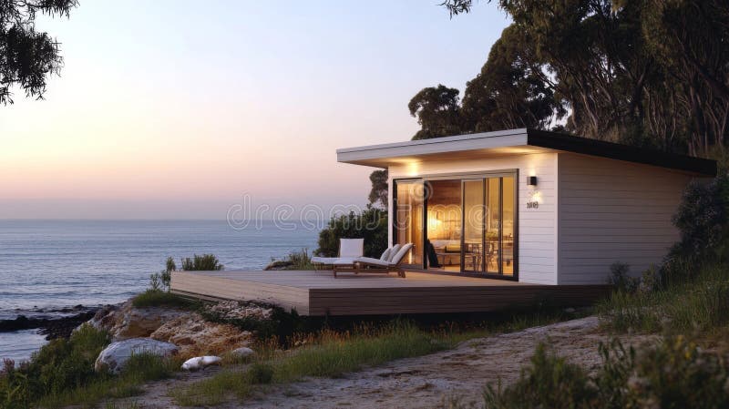Modern Seaside Cottage at Sunset with Ocean View Stock Illustration ...