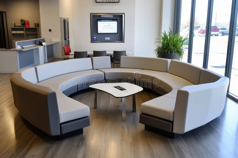 Modern Seating Area Featuring Circular Couches and a Central Table in a ...