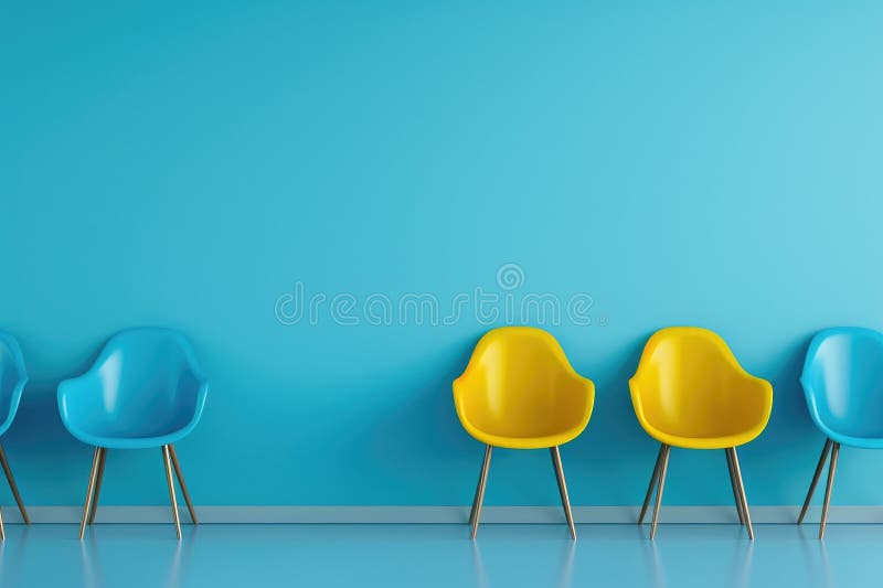 Modern Seating: a Row of Blue Chairs with One Yellow Accent. Stock ...