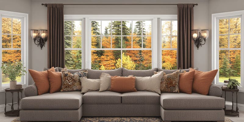 Modern Sectional Sofa in Autumnal Living Room with Large Windows and ...
