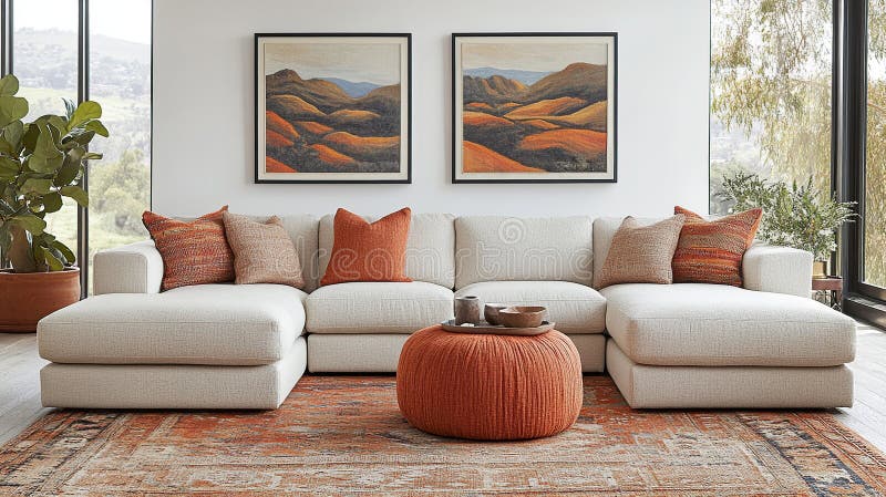 Modern Sectional Sofa in a Bright, Airy Living Room Stock Illustration ...