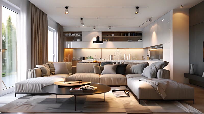 Modern Sectional Sofa in Open Plan Living Room Stock Footage - Video of ...