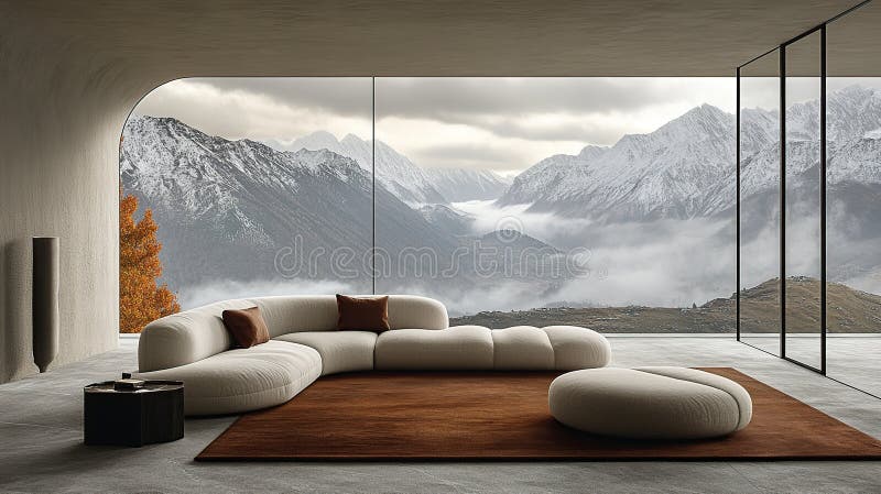 Modern Sectional Sofa with Panoramic Mountain View Stock Illustration ...