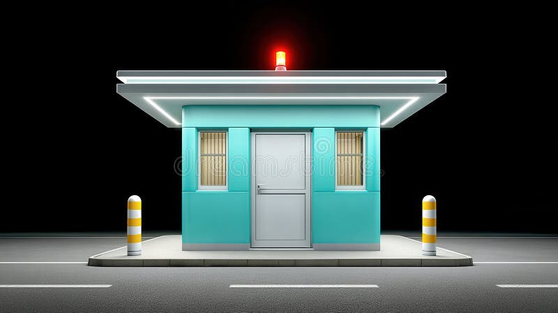 Modern Security Booth with Warning Light at Night in Urban Setting ...