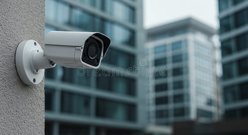 Modern Security Camera on Building Exterior, Cityscape Background ...