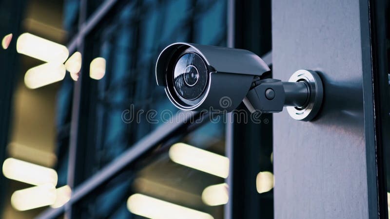 Modern Security Camera on Glass Building Facade Capturing Activity ...